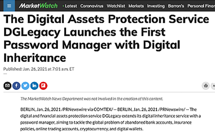 The Digital Assets Protection Service DGLegacy Launches the First Password Manager with Digital ...