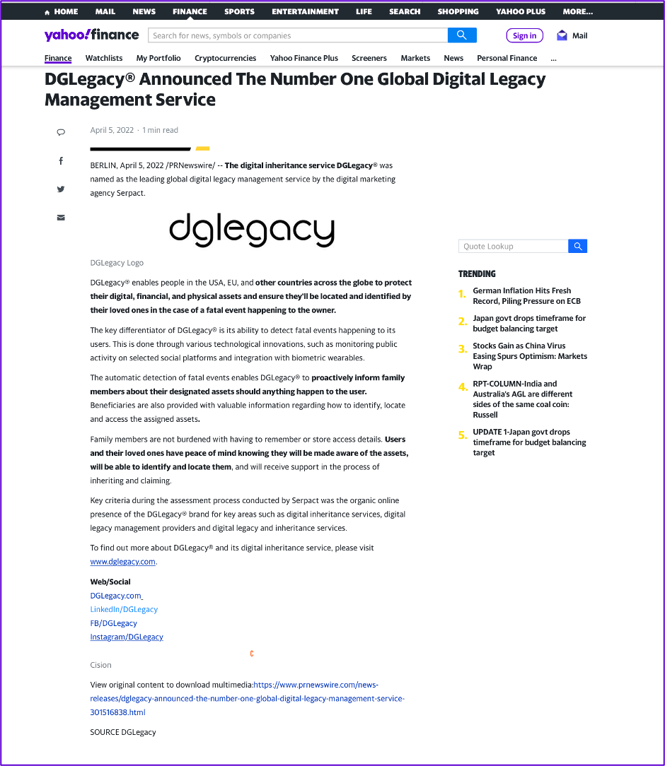 DGLegacy, leading global digital inheritance & digital legacy management service